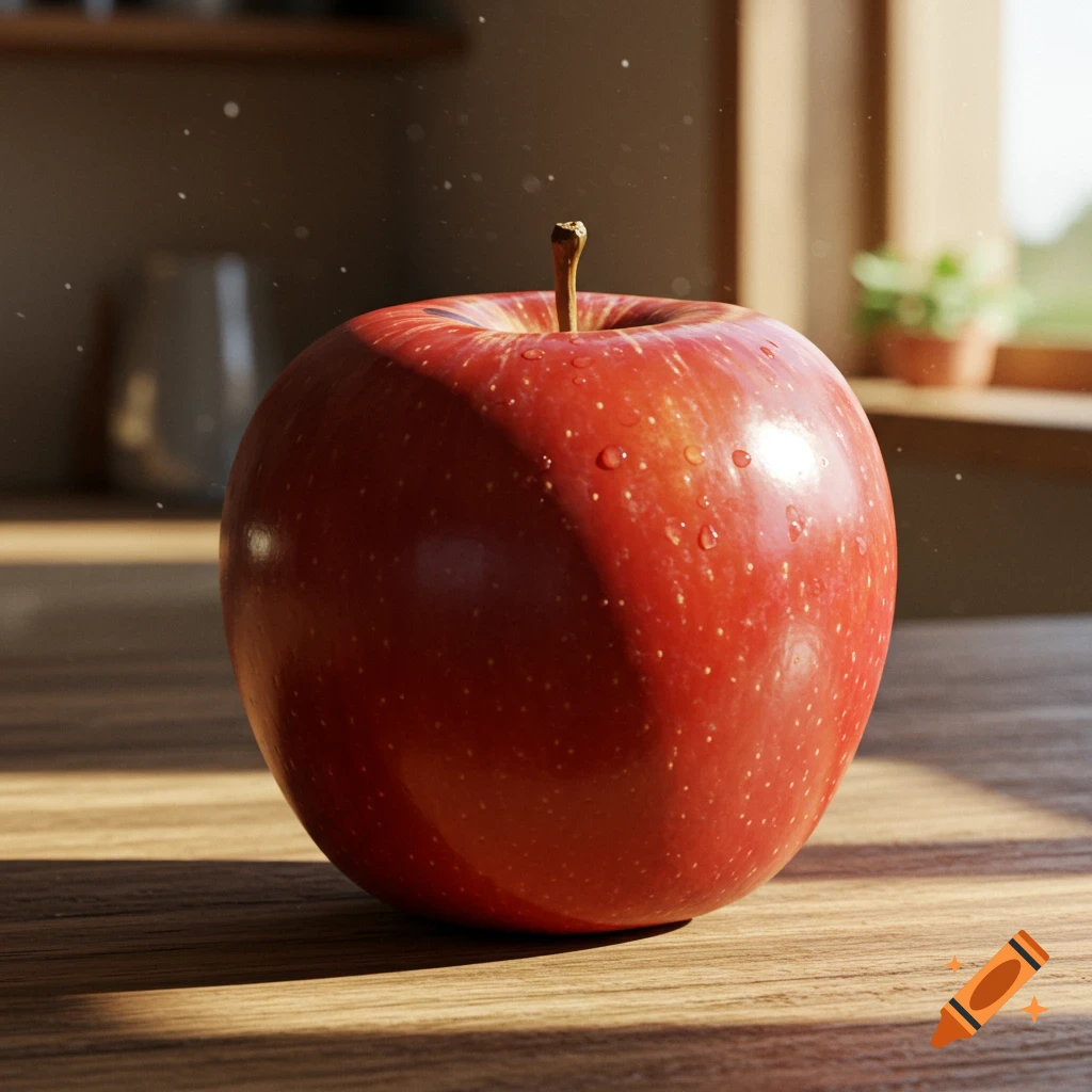 A vibrant red apple with water droplets and a stem rests on a wooden ...