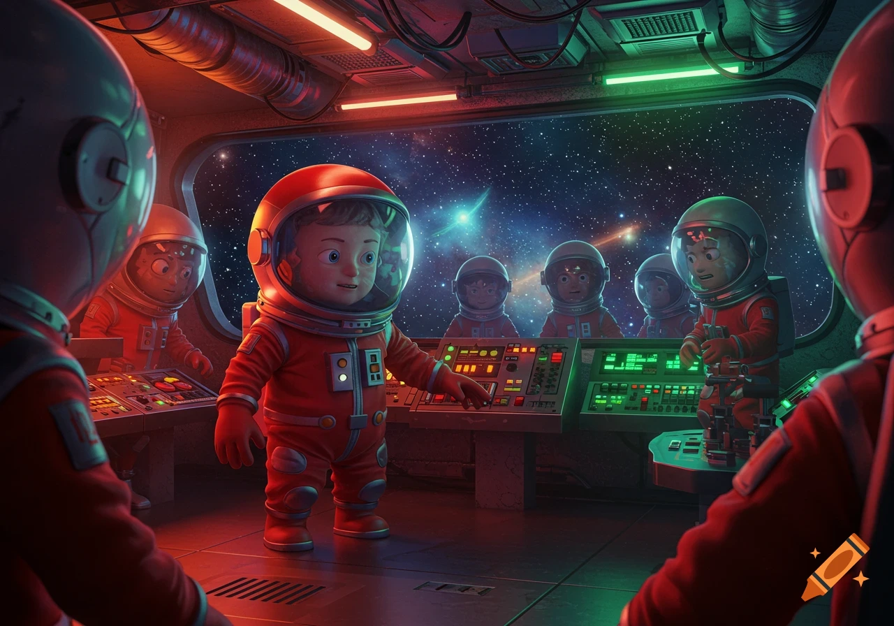 A group of cartoon astronauts in red suits inside a spaceship, looking ...