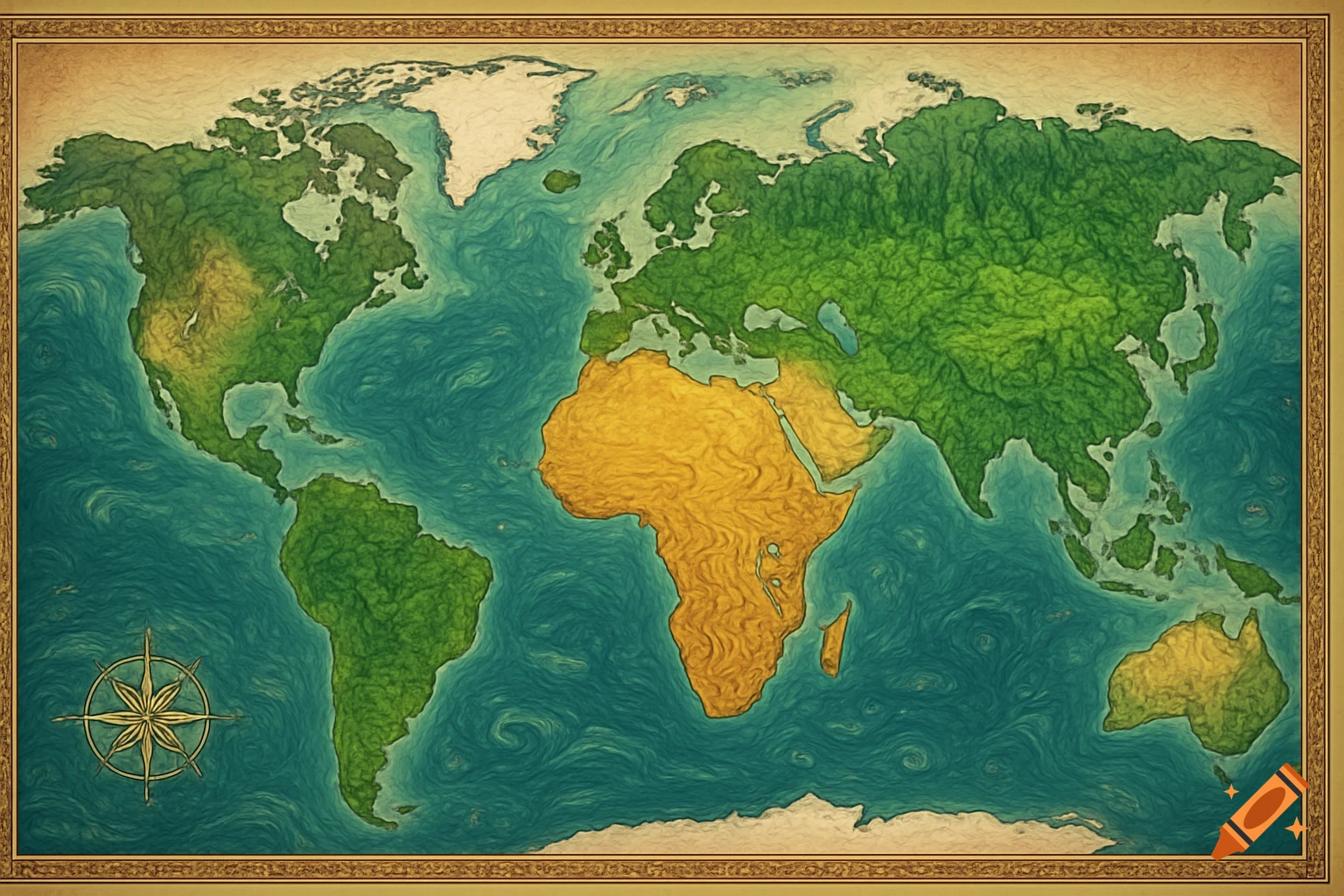 An ornate vintage world map featuring textured golden continents ...