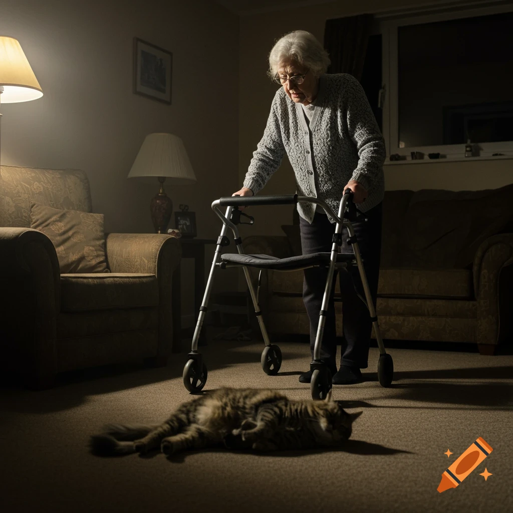 An elderly woman with a walker looks down at a cat lying on the carpet ...