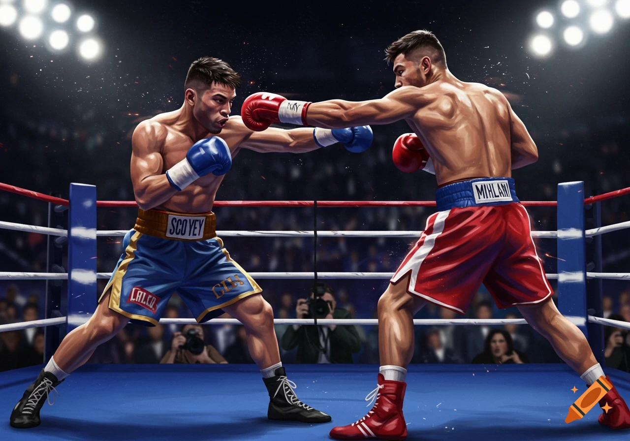 Two muscular boxers in a ring, one with red gloves and white shorts ...