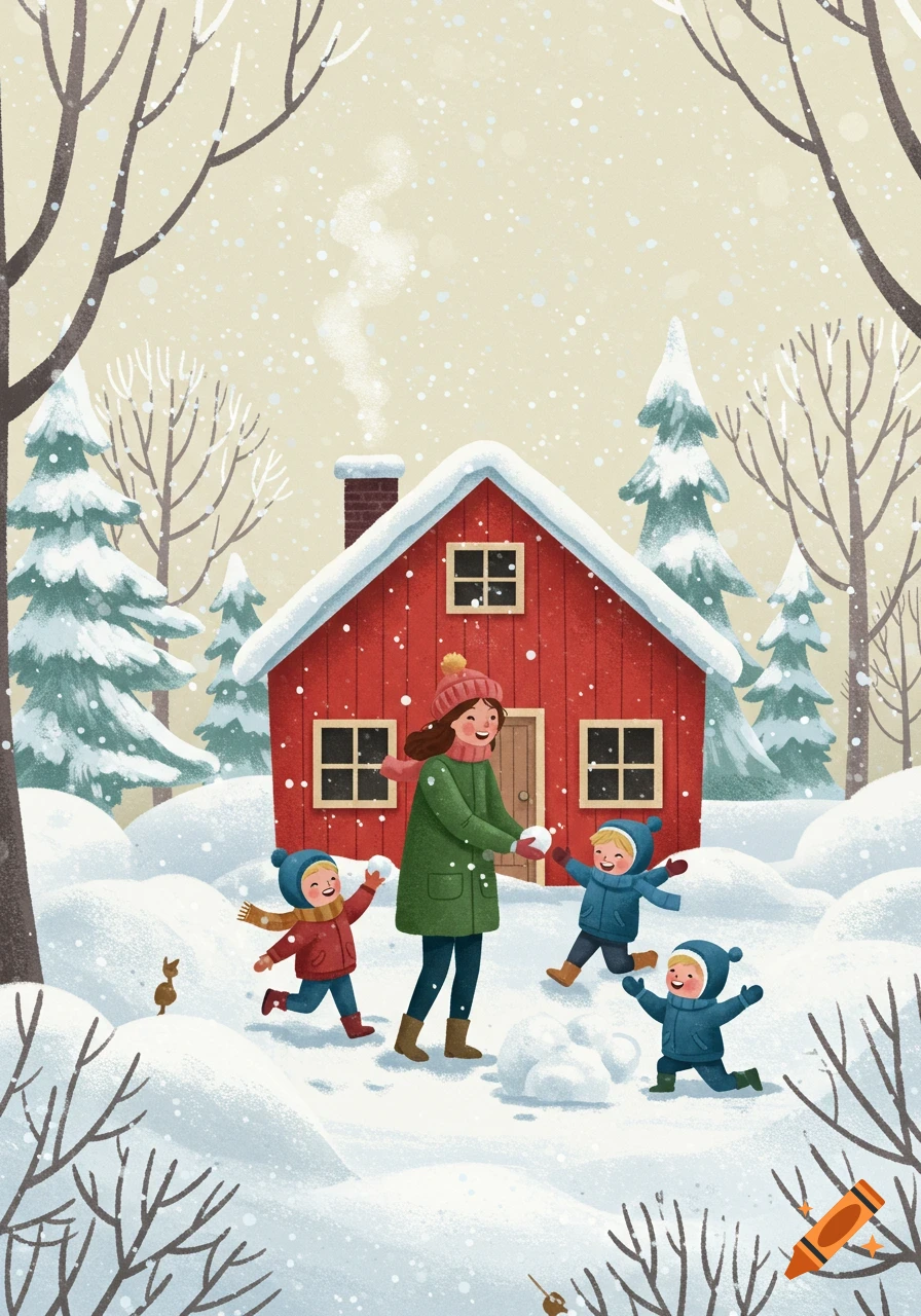 Illustration of four playful elves having a snowball fight in a snowy ...