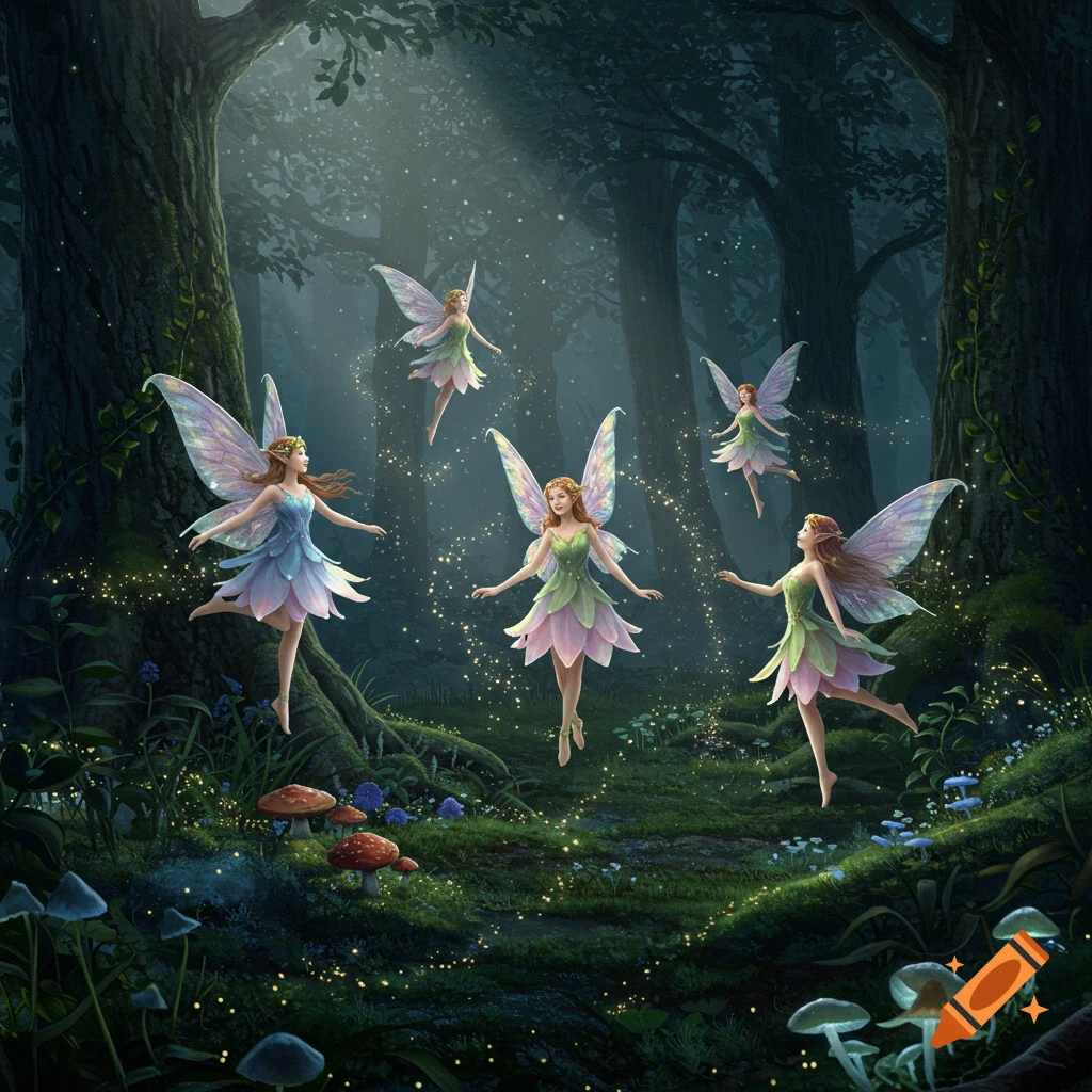 Fairies with iridescent wings fly through a dark, enchanting forest at night, with large ...