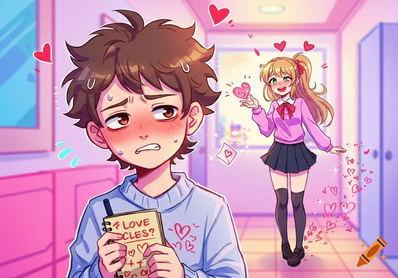 Anime boy blushes, holding a notebook, as a girl smiles and drops ...