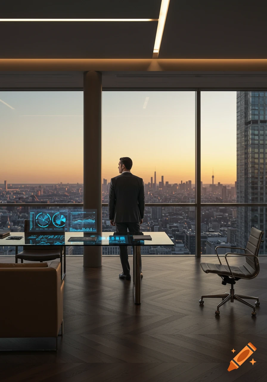 Man in a suit in a modern high-rise office, looking at a city skyline ...