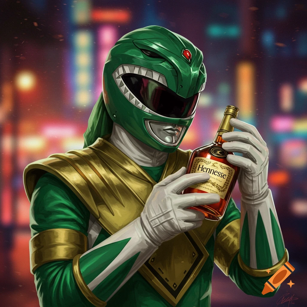 A digital art portrait of the Green Power Ranger holding a bottle of ...