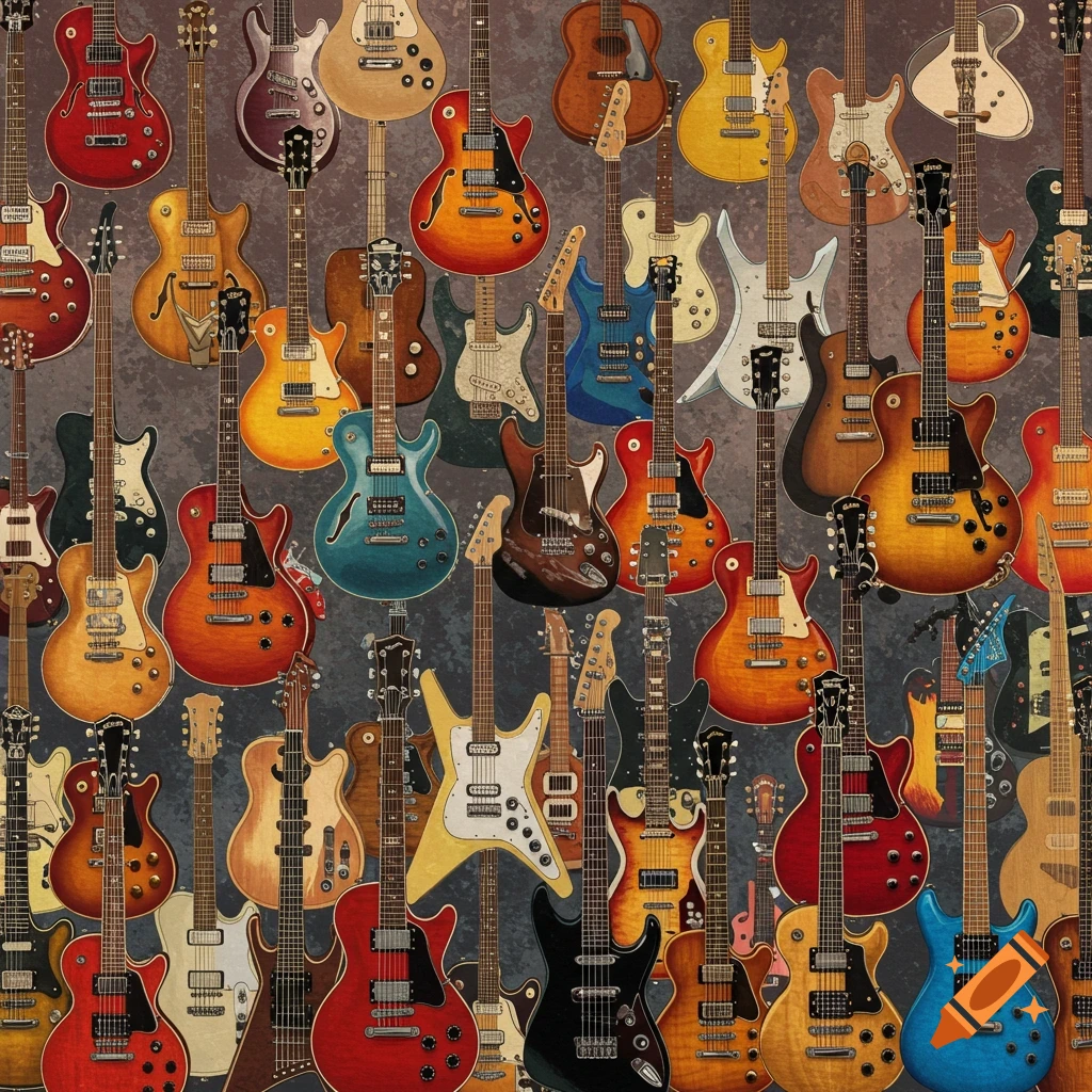 A dense collage of various electric guitars in different colors and ...