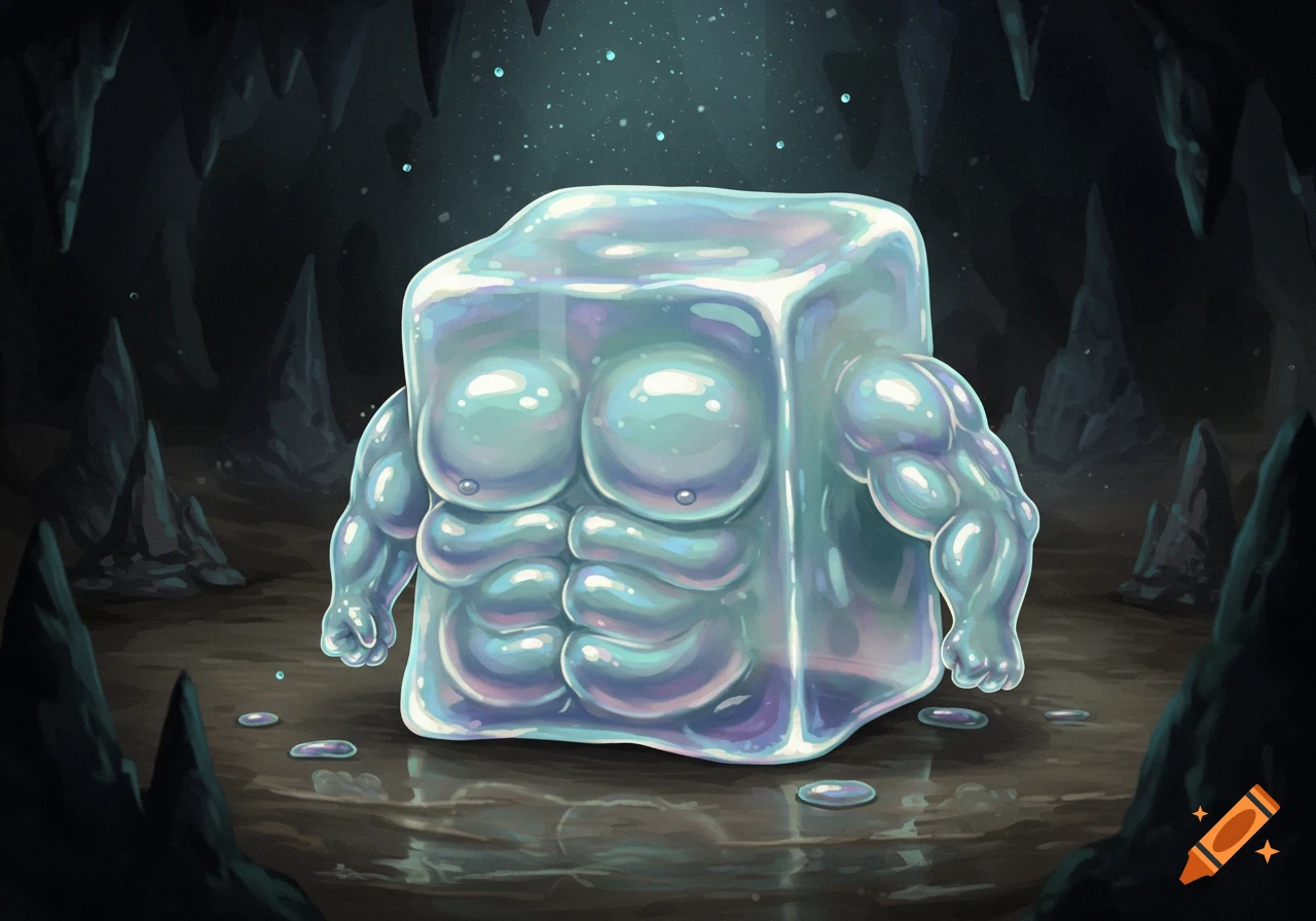 An illustrated translucent gelatinous cube with bulging muscles and ...