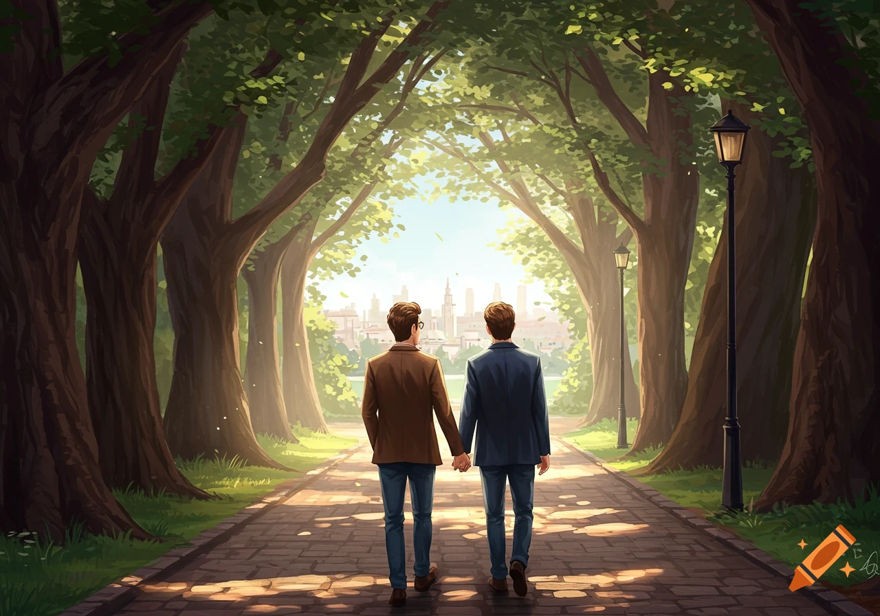 Two men walk hand-in-hand down a tree-lined path towards a city skyline ...