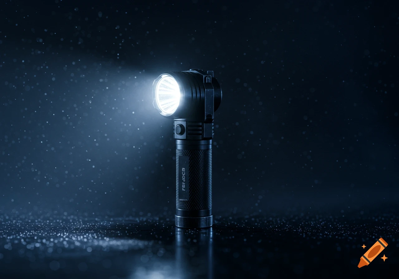A black flashlight emitting a bright beam, standing on a reflective surface with illuminated ...