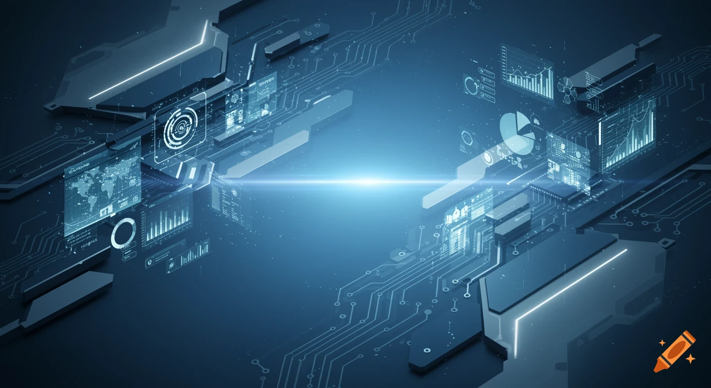 Futuristic data center with glowing blue holographic displays showing ...