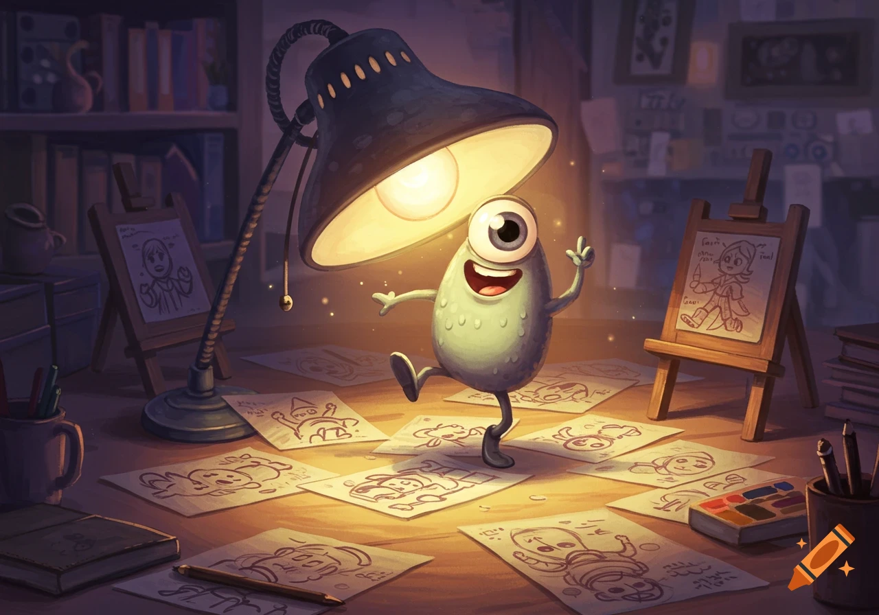 A cheerful, one-eyed green monster dances on a desk surrounded by ...