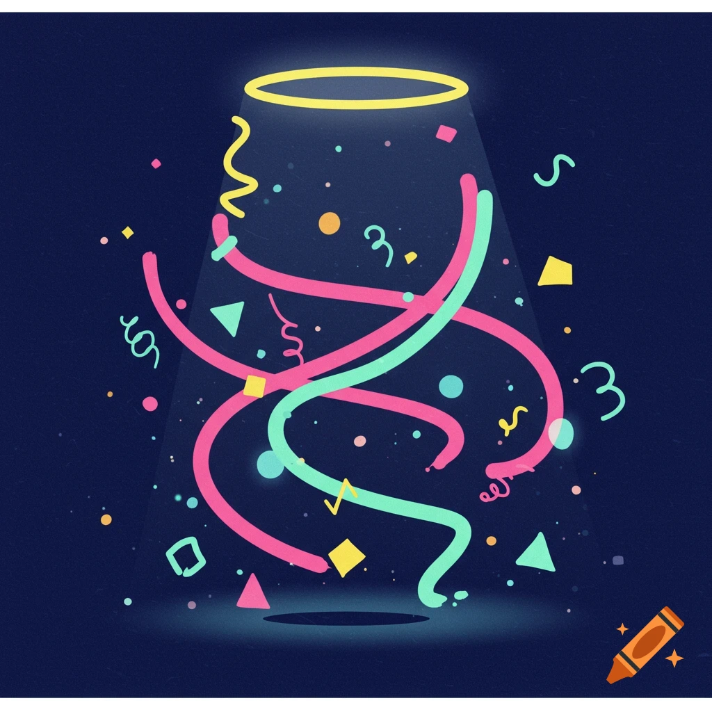 A vibrant abstract illustration of colorful confetti and streamers ...