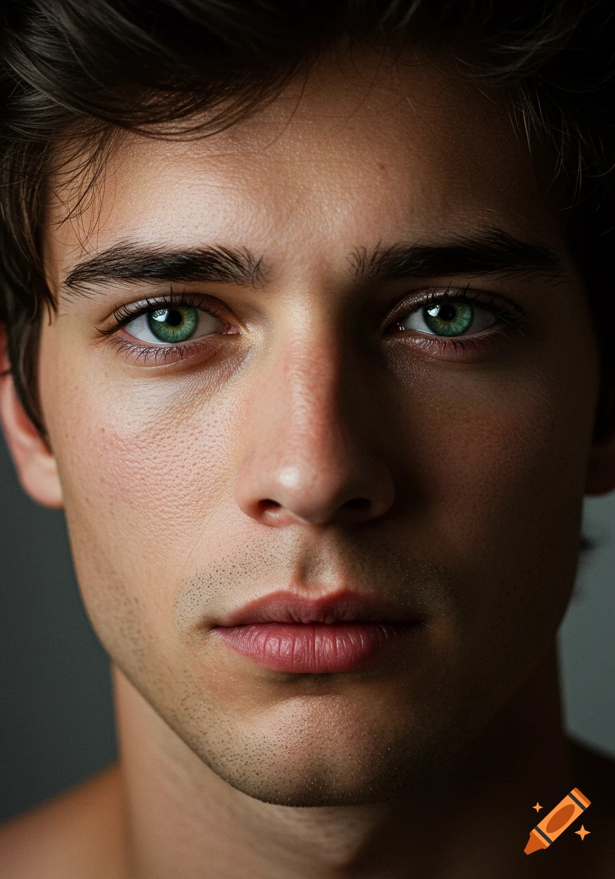Close-up portrait of a young man with dark hair and piercing blue eyes ...