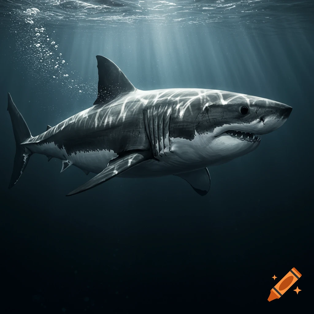 An animated great white shark underwater, pulling a fishing net with ...