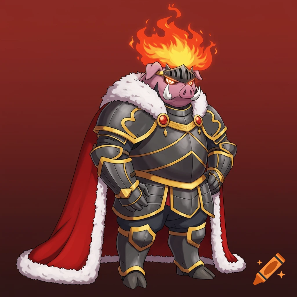 An anthropomorphic pig king in dark steel and gold armor with a red ...