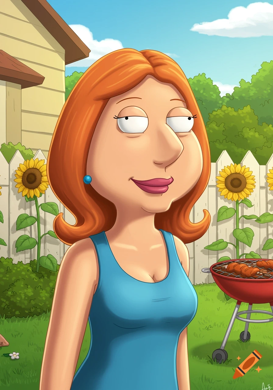 Lois Griffin from Family Guy in a blue tank top stands in a backyard ...