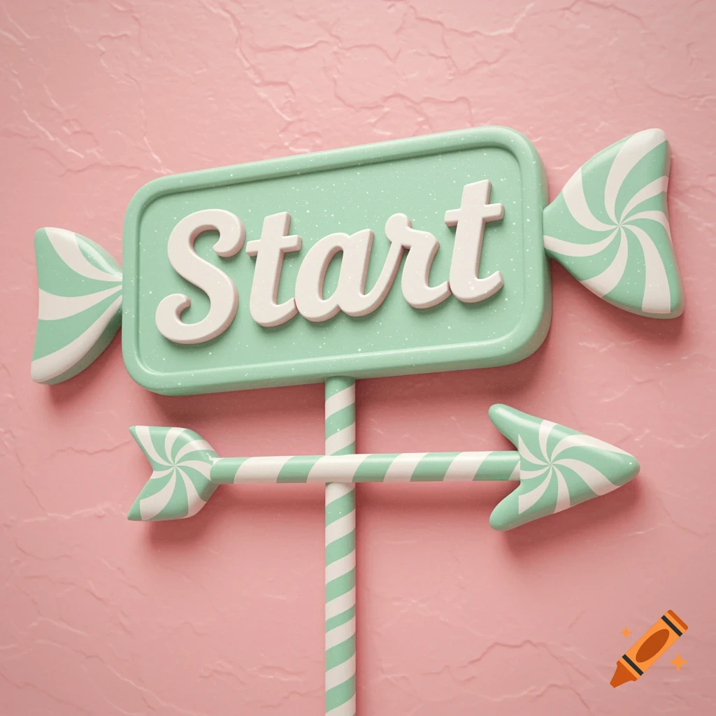 A candy-mint-style sign reading 'Start' with an arrow pointing left, on ...
