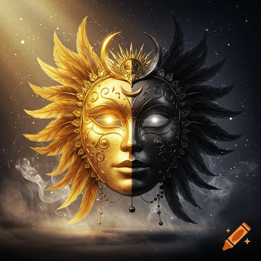 Detailed golden sun mask and silver moon mask against a split ...