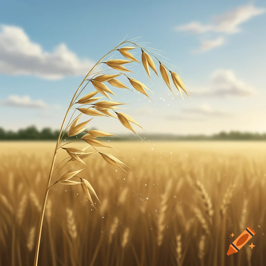 A delicate watercolor painting of green grain ears and wild grasses in ...