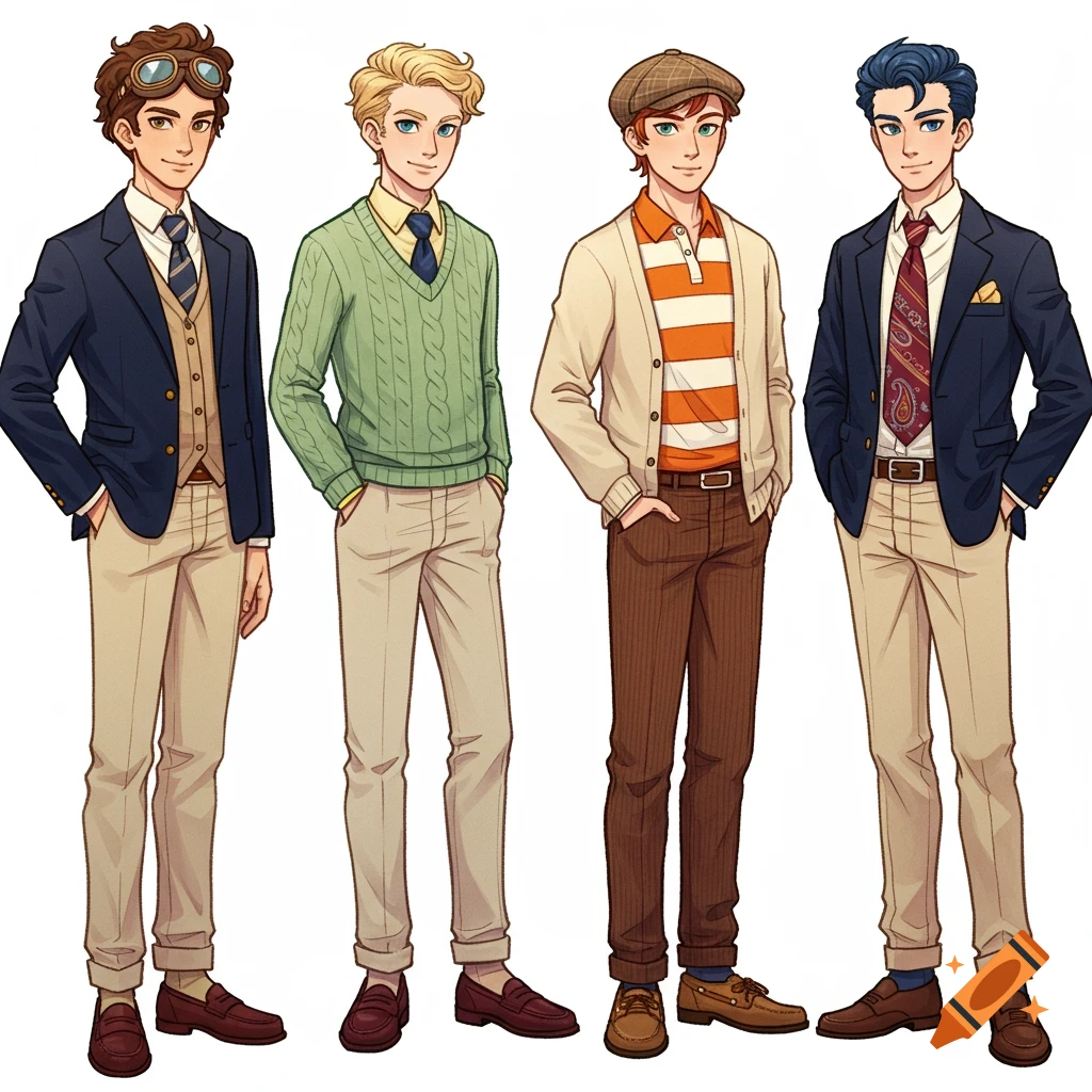 Four young cartoon boys in preppy outfits, each with different hair ...