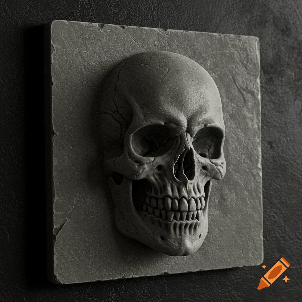 A highly detailed, realistic 3D embossed stone carving of a skull ...