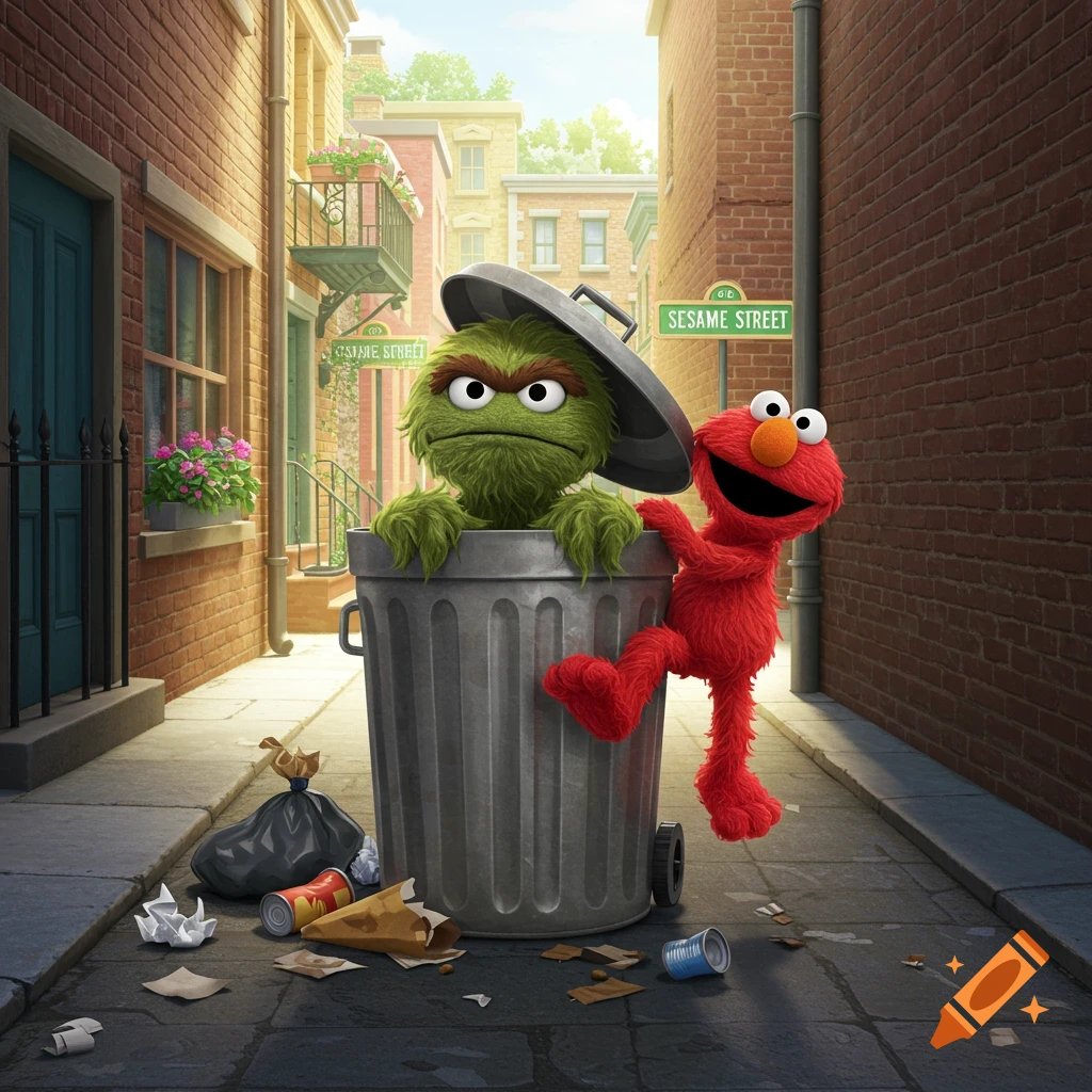 Oscar the Grouch in a trash can with Elmo climbing on it in an urban ...