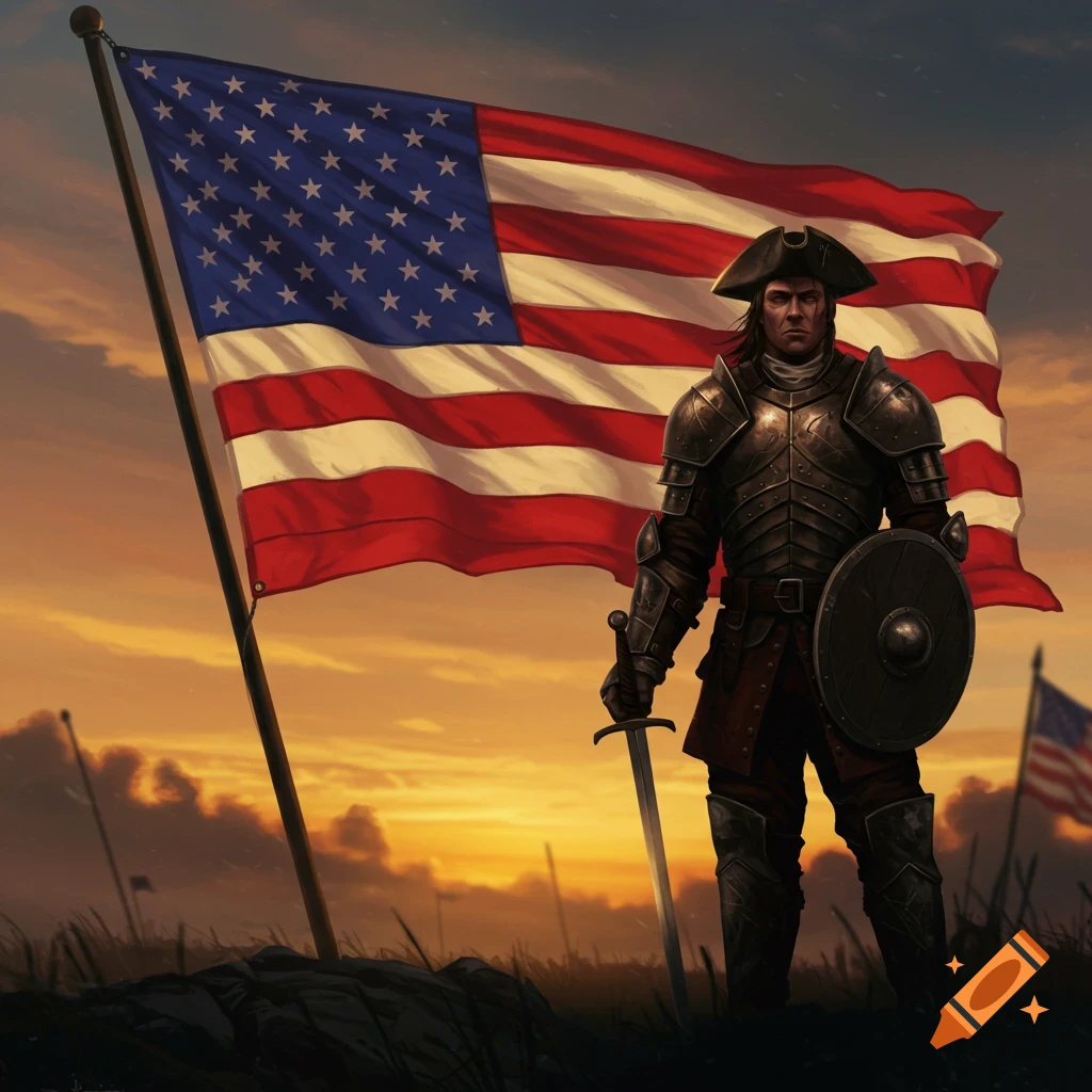 An armored American warrior stands on a field at sunset, holding a ...