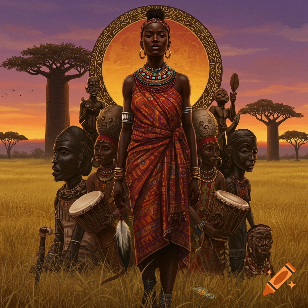 Vibrant painting of a Black woman in traditional African attire and ...