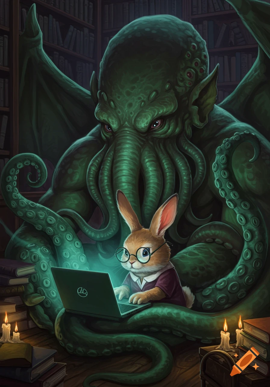 A scholarly rabbit in glasses uses a laptop on Cthulhu's lap in a ...
