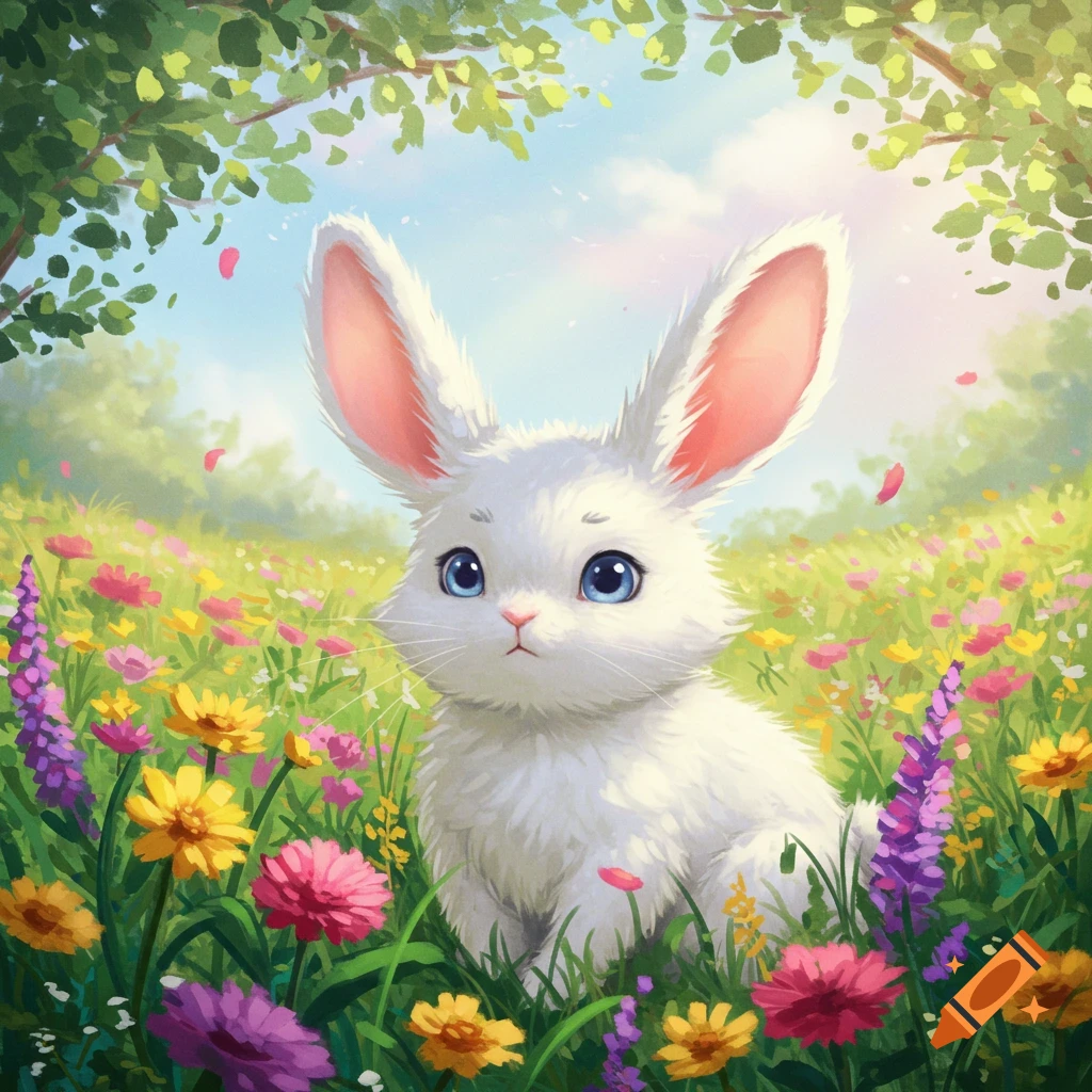 A cute white rabbit with blue eyes sits in a vibrant field of colorful ...