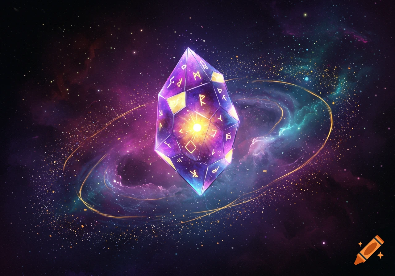 A glowing purple crystal with intricate yellow runes floats in a ...