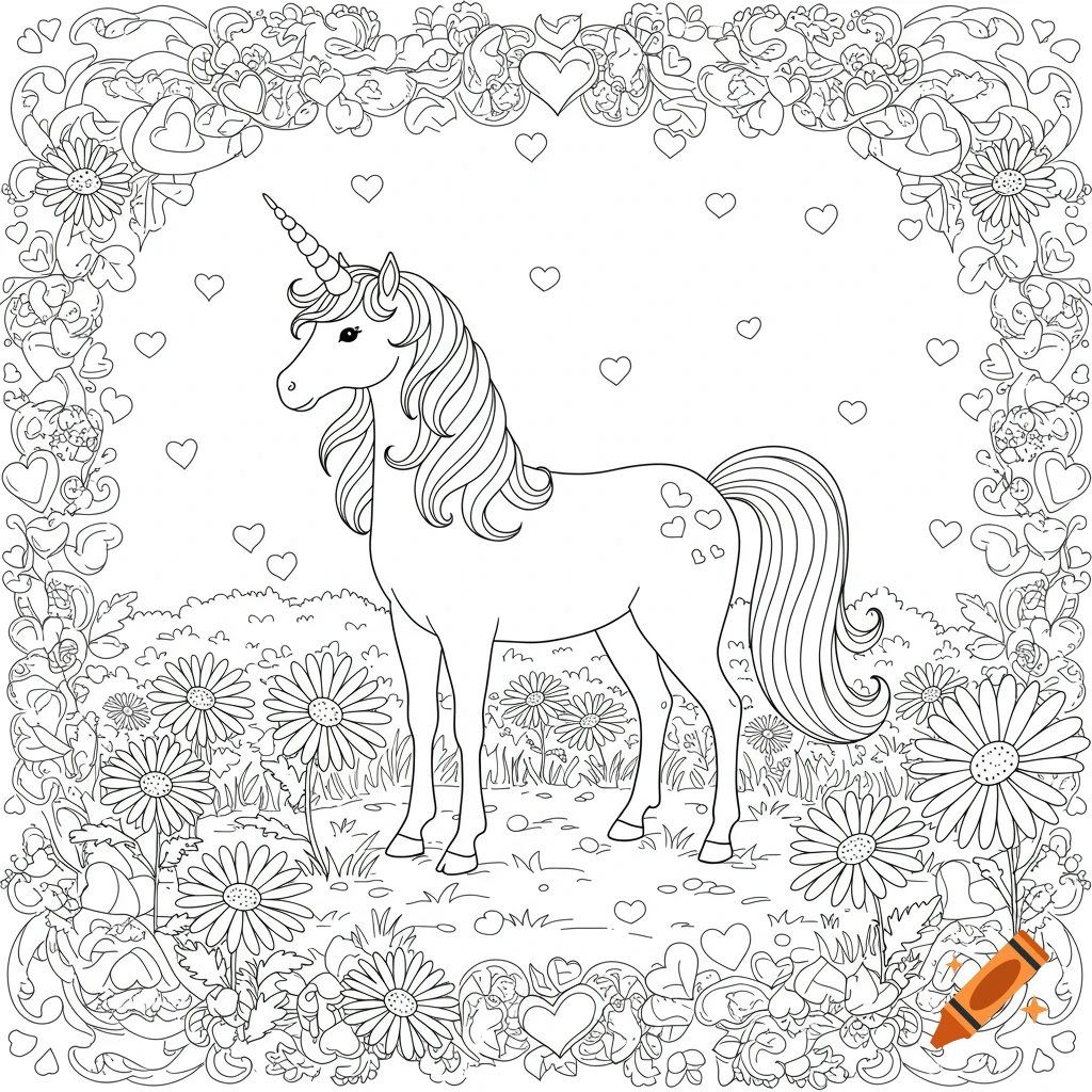 Horse with flower mane in black and white for coloring on Craiyon