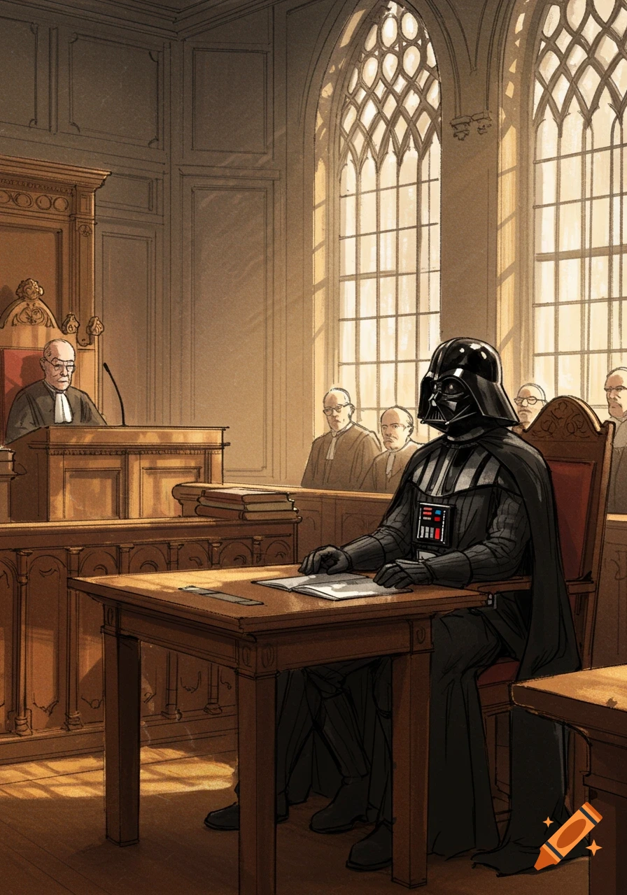 Darth Vader sits at a table in a courtroom, observed by a judge and ...