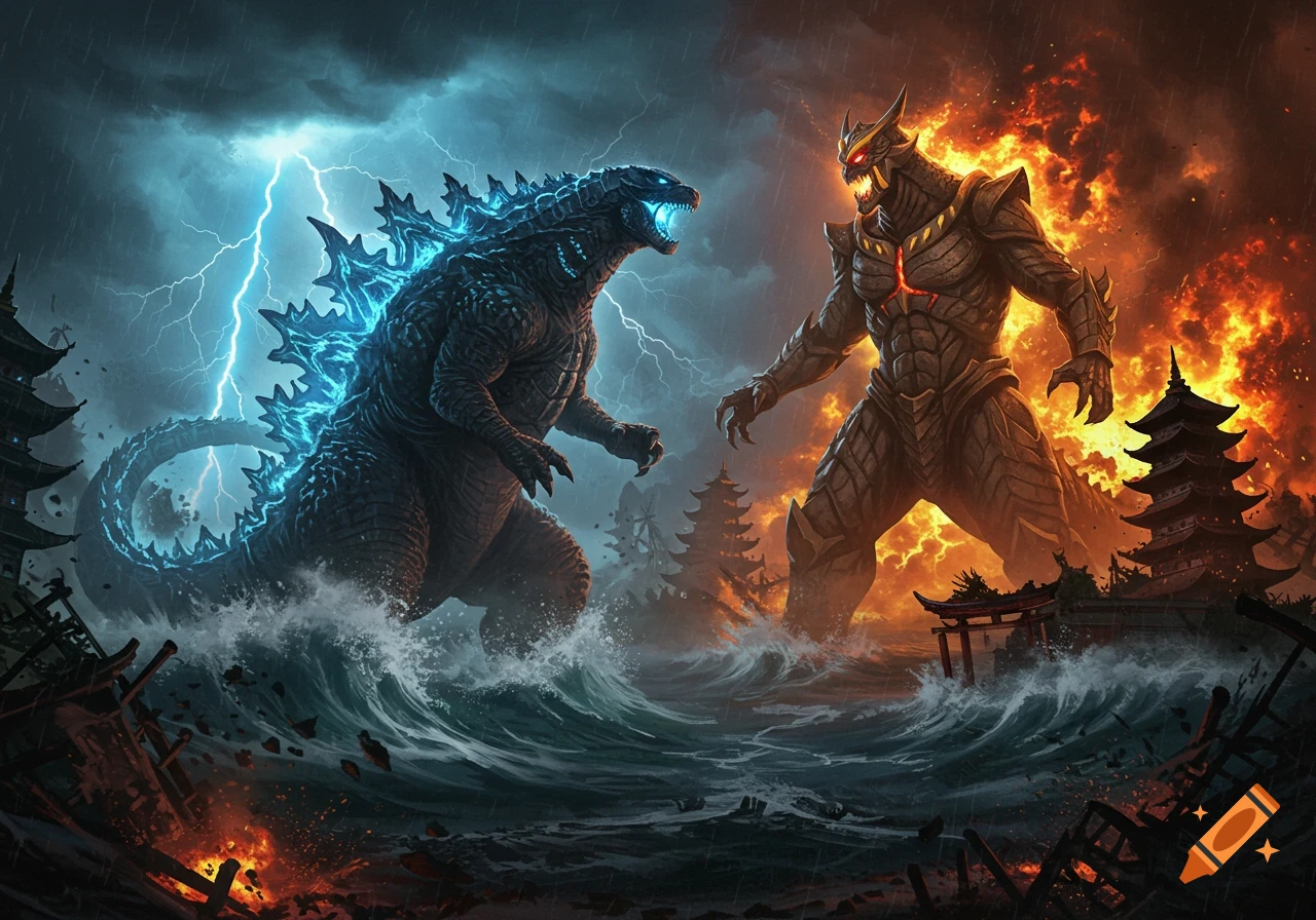 Godzilla and King Kong stand in a mystical, foggy forest with glowing ...