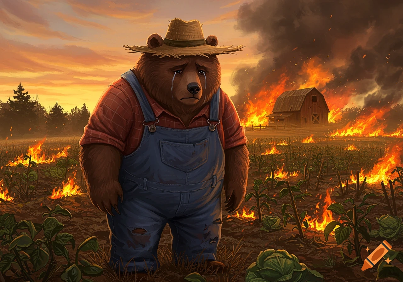 An illustrated sad, crying brown bear farmer in overalls stands in a ...