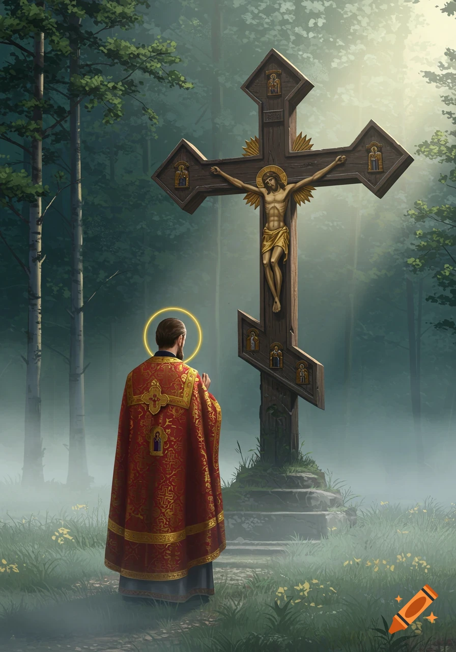 A Russian Orthodox priest in red vestments prays before a large wooden ...