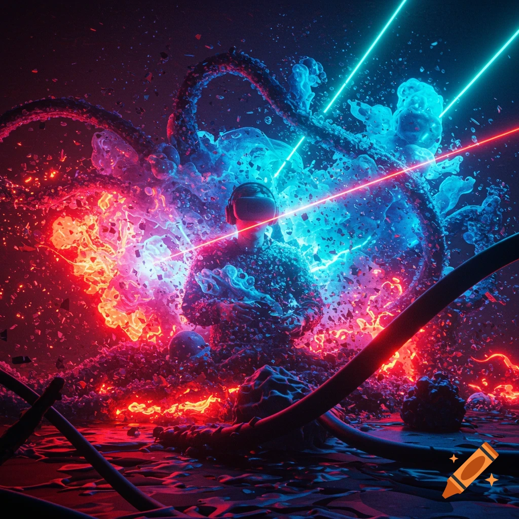 Dark, misty forest illuminated by crisscrossing neon blue and purple ...