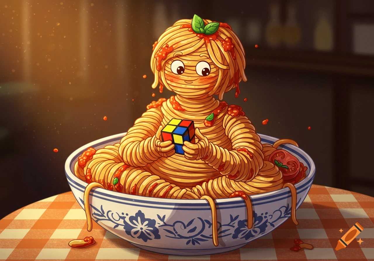 Digital drawing of an orange-haired lady swimming in orange syrup with ...