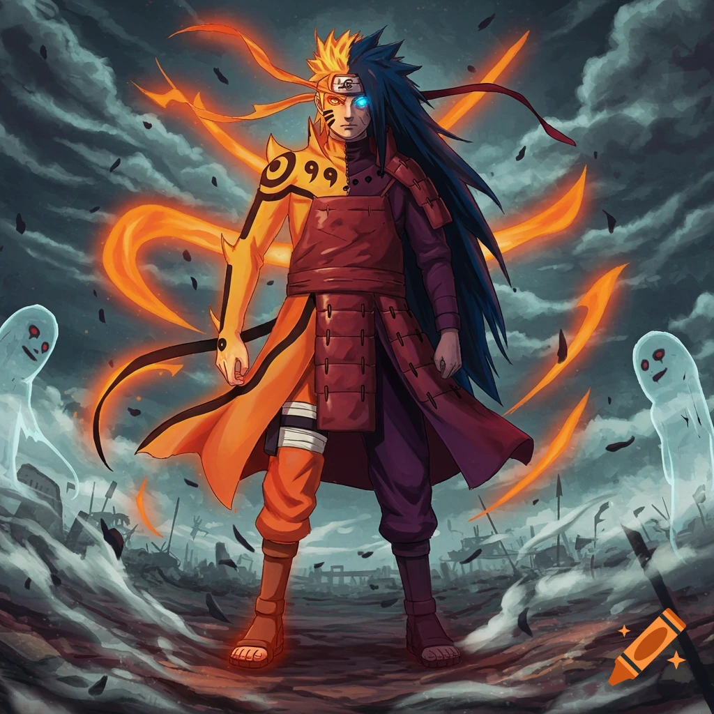 Naruto Uzumaki crouches atop Gamabunta, a giant green toad, under a ...