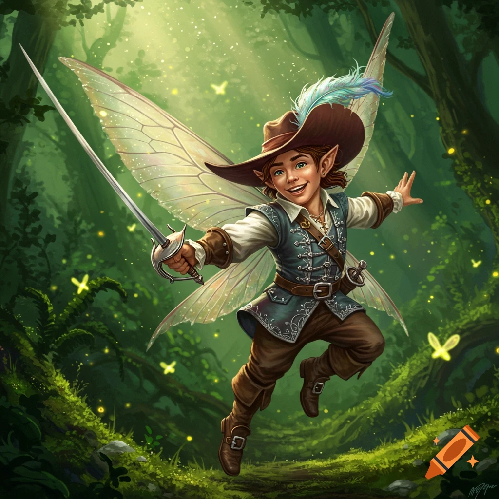 A cheerful male pixie swashbuckler with a feathered hat and insect ...