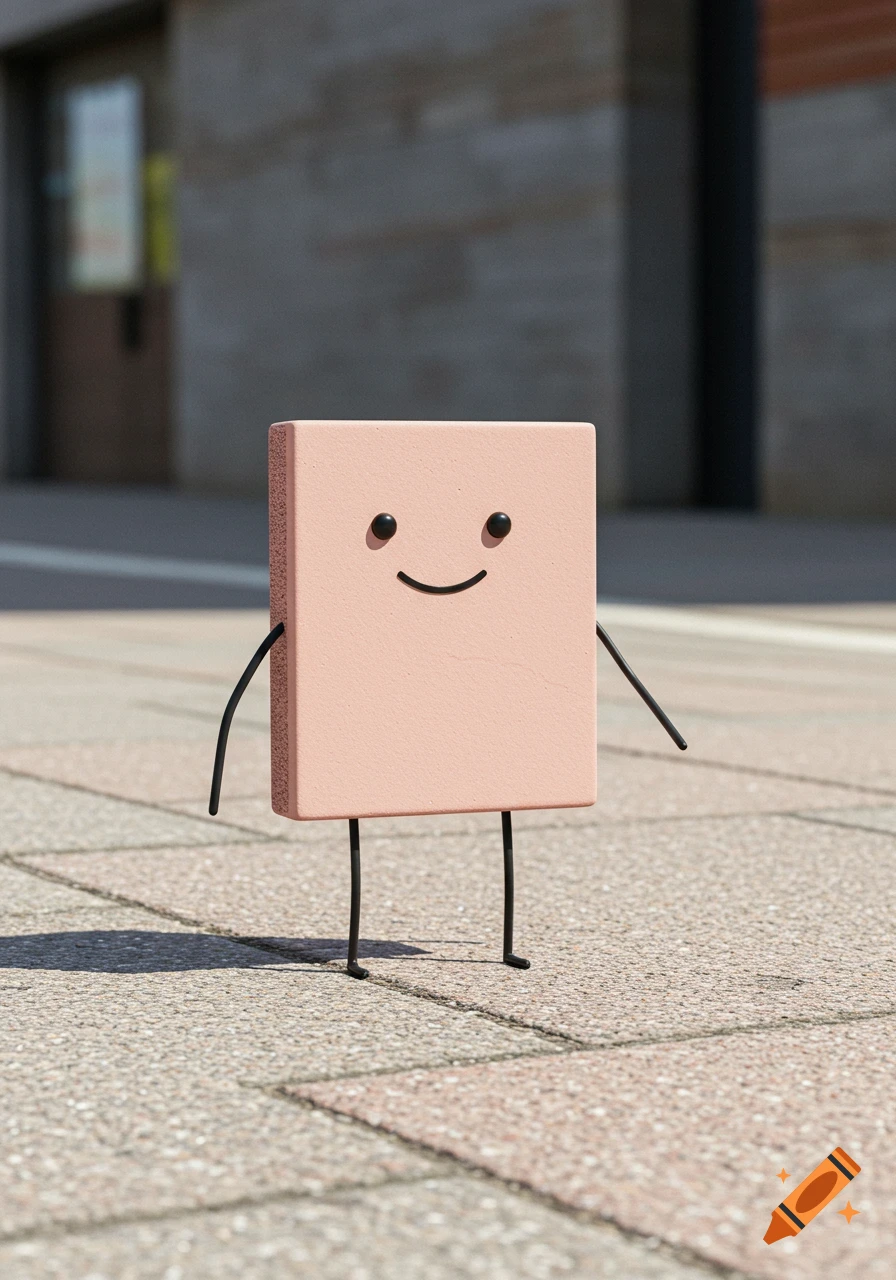 A peach-colored, rectangular block character with small black eyes and ...