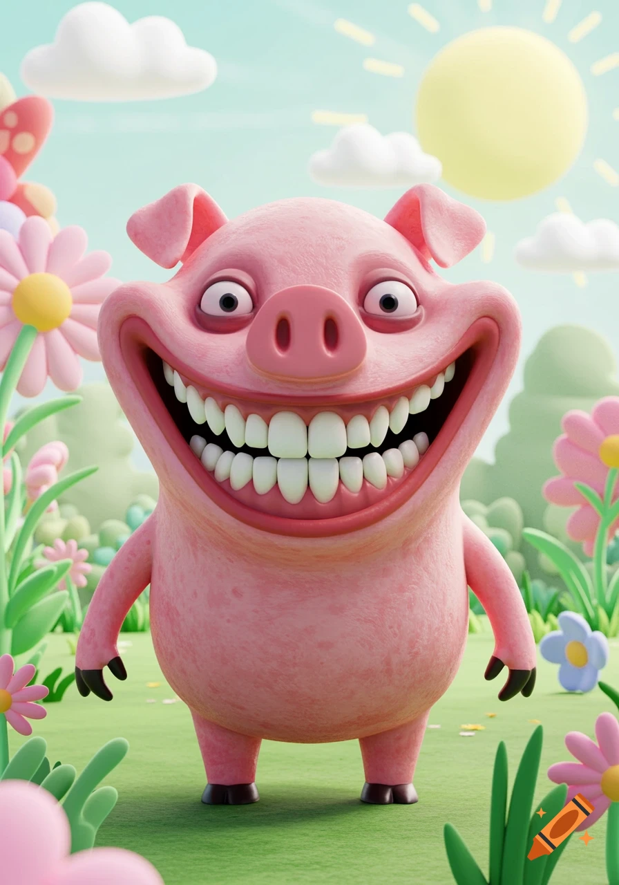 A wide-eyed pink cartoon pig with a huge, sinister grin stands in a ...