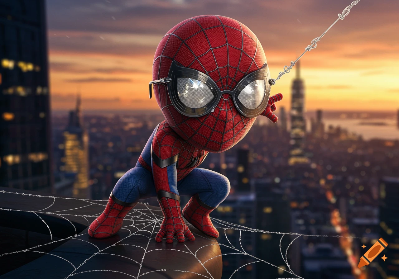 Cute chibi Spider-Man in silver glasses crouches on a city rooftop with ...