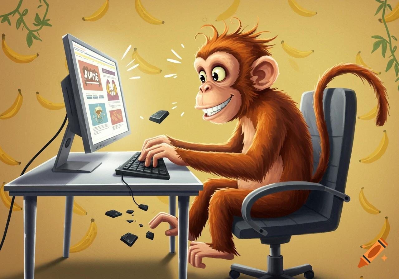 A photorealistic image of a baby monkey emerging from a peeled banana, with the top of the ...