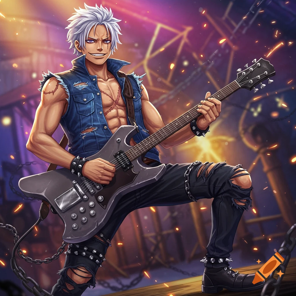 An anime-style male character with white hair and scars plays an ...