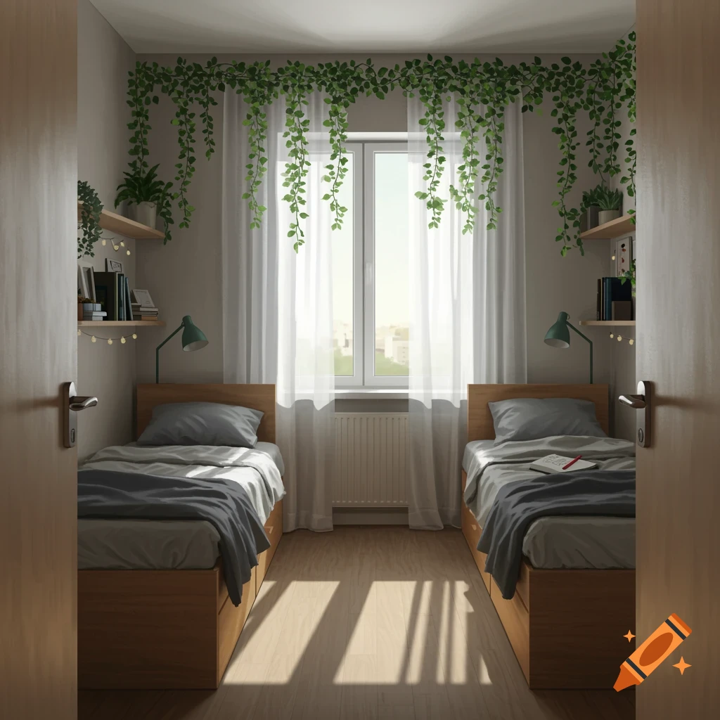 A pink and white aesthetic bedroom featuring a loft bed accessible by ...