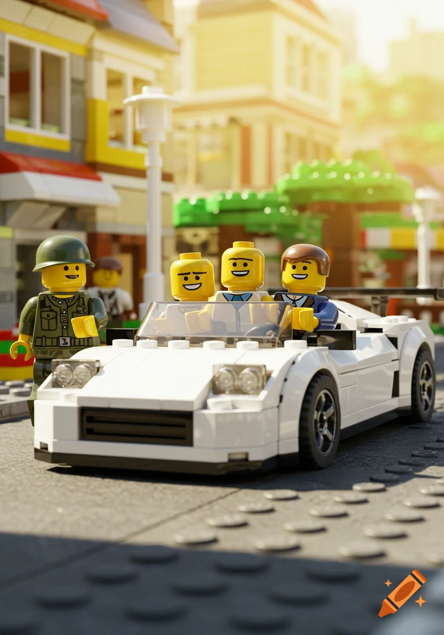 Three happy Lego men in a white sports car talk to a Lego soldier on a ...
