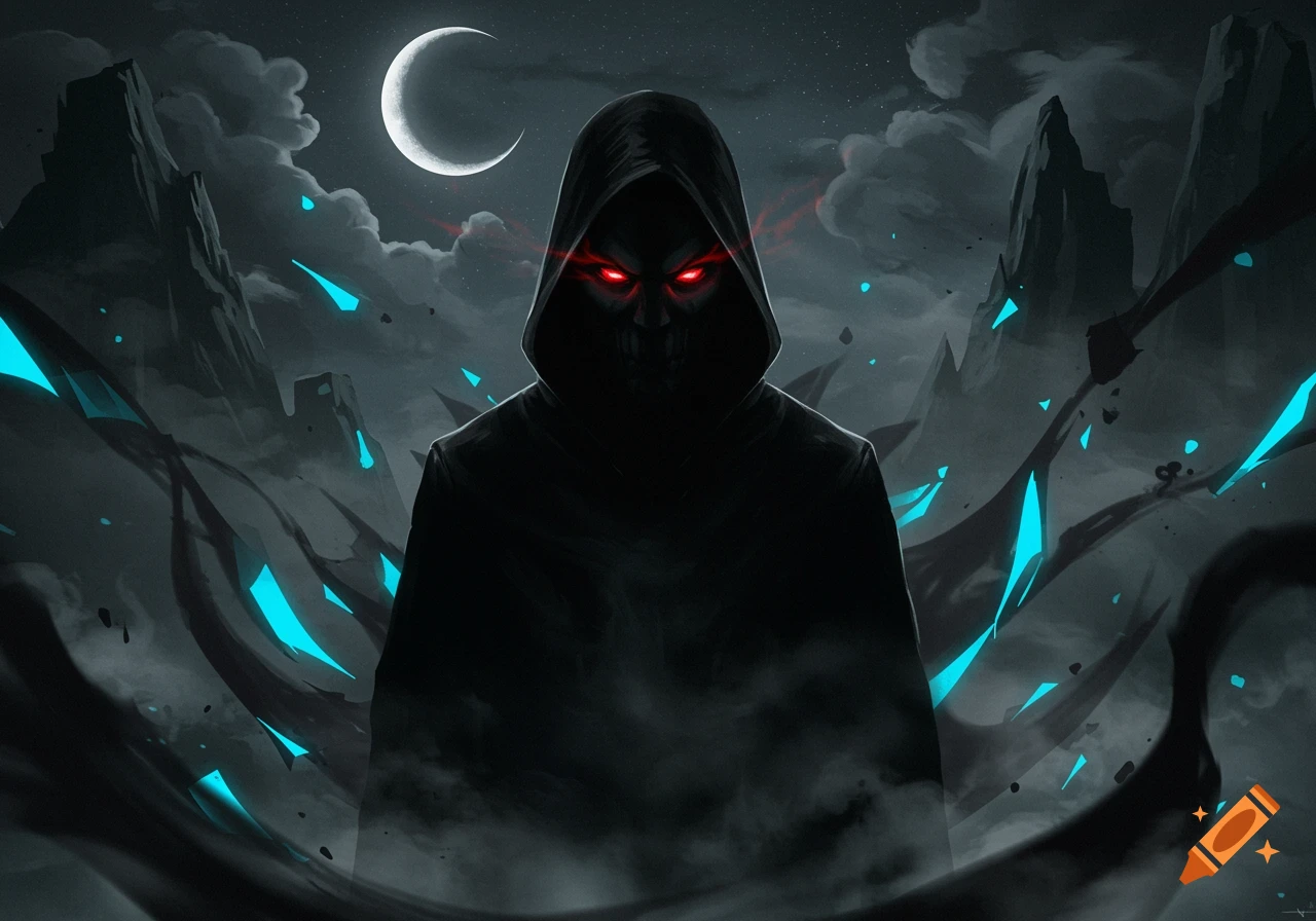 A dark, slender, humanoid figure with glowing white eyes stands in a foggy, ominous landscape ...