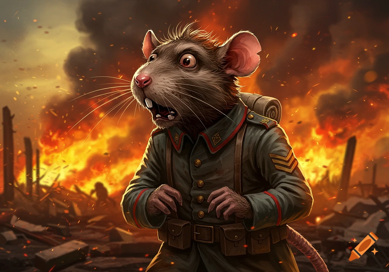 Anthropomorphic rat in military uniform looking terrified amidst fire ...